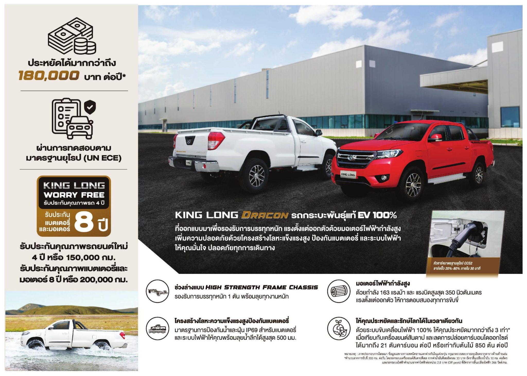 เปิดขายไทย 988,000 บาท KingLong Dracon กระบะไฟฟ้า 4 ประตู 163 แรงม้า วิ่งได้ 300 กม./ชาร์จ NEDC ...